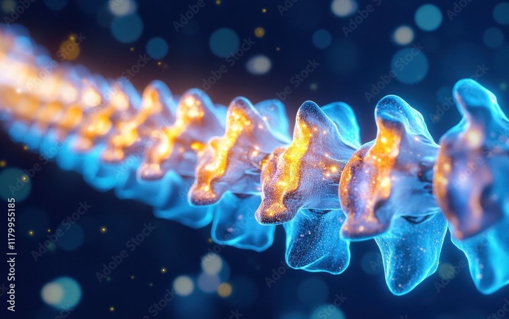 glowing depiction of human spine model with illuminated vertebrae ...