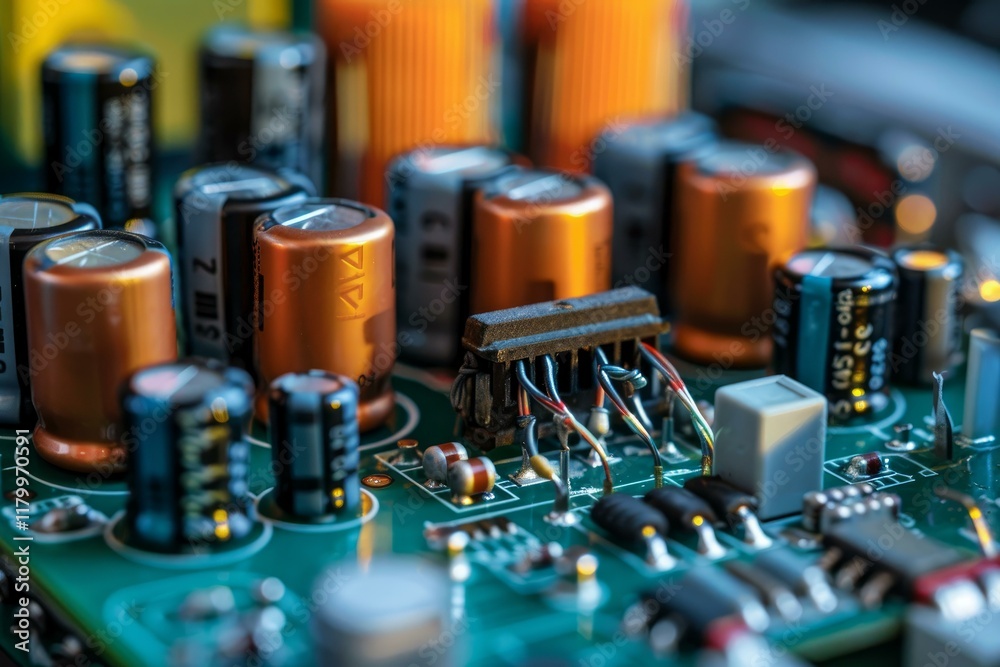 Green circuit board featuring capacitors, resistors, and wires, showcasing the complexity of ...