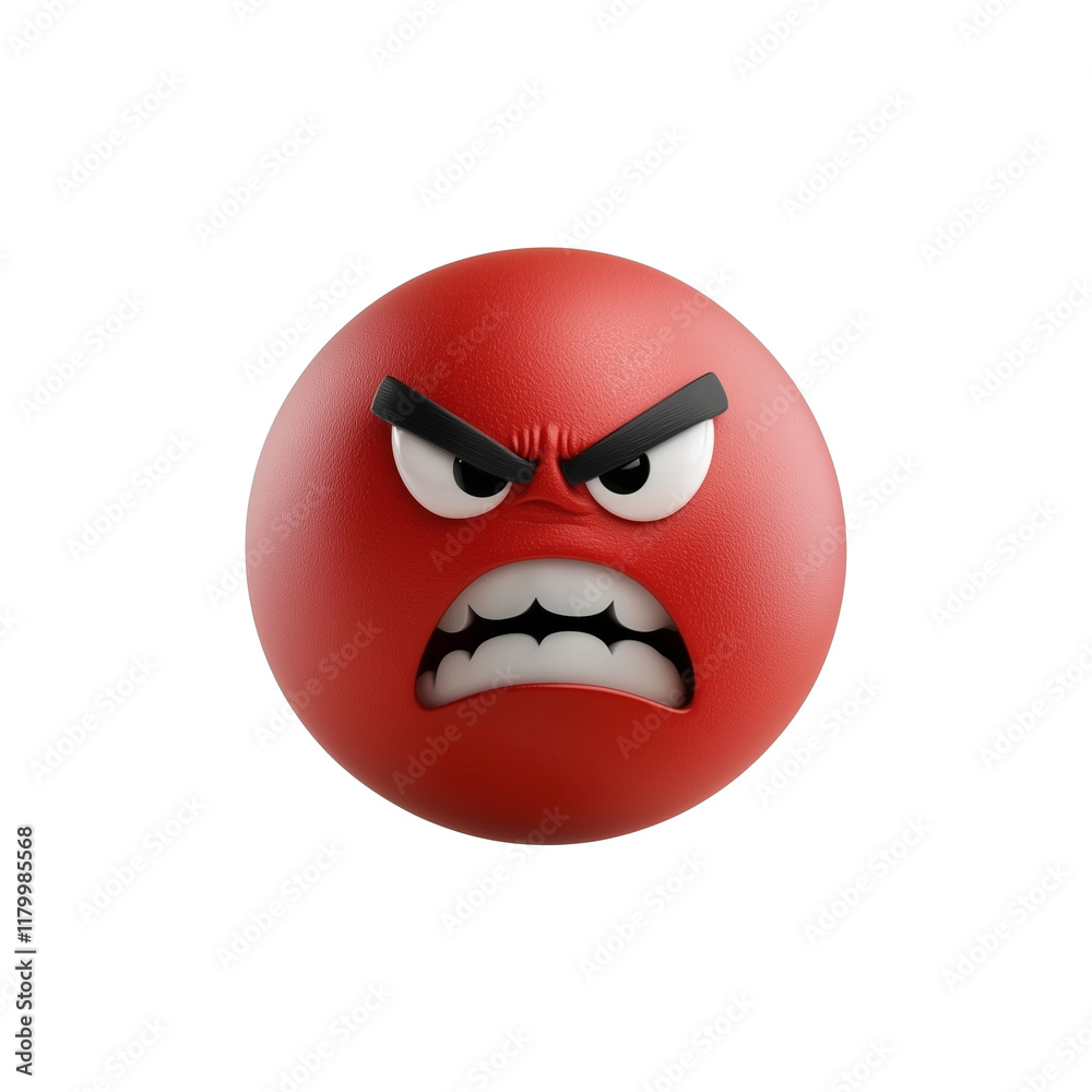 3D angry emoji in matte crimson with furrowed brows and clenched teeth, isolated on transparency ...
