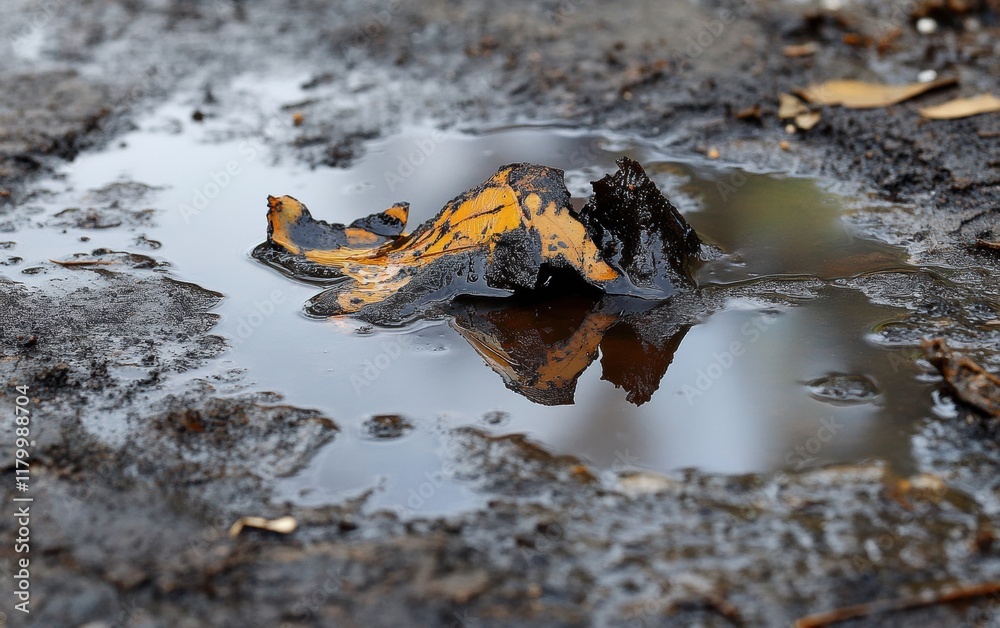 Foto de Stock Puddle of crude oil from oil spill on the ground, oil ...
