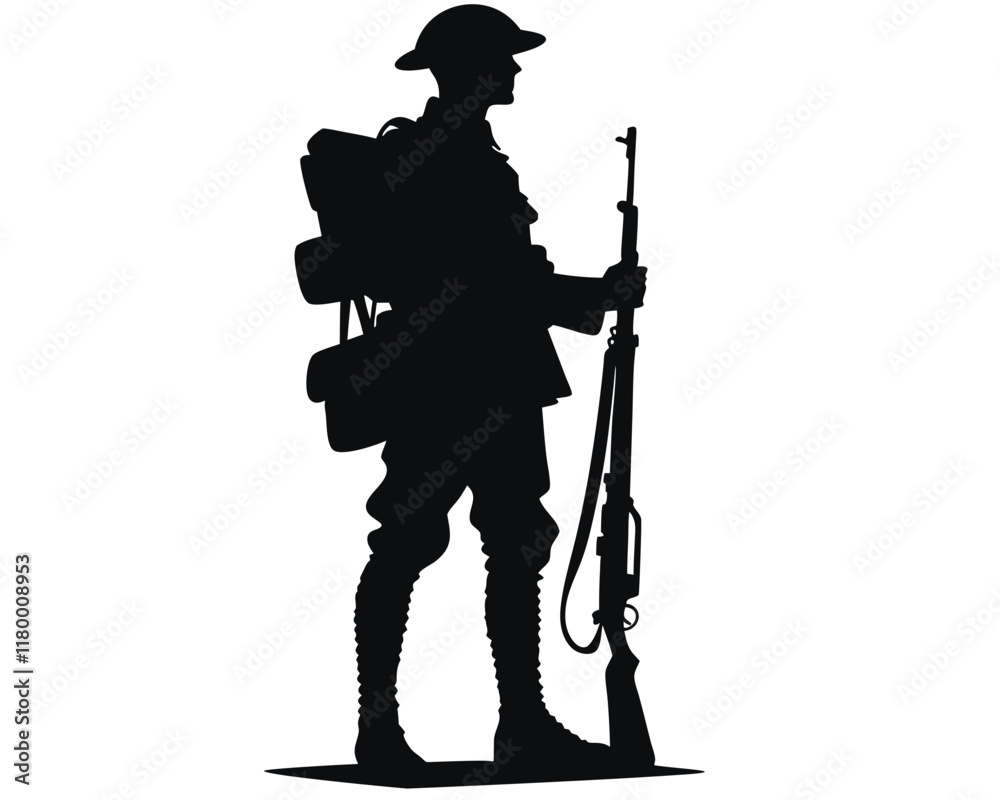 WW1 British soldier silhouette standing upright. Clipart image isolated ...
