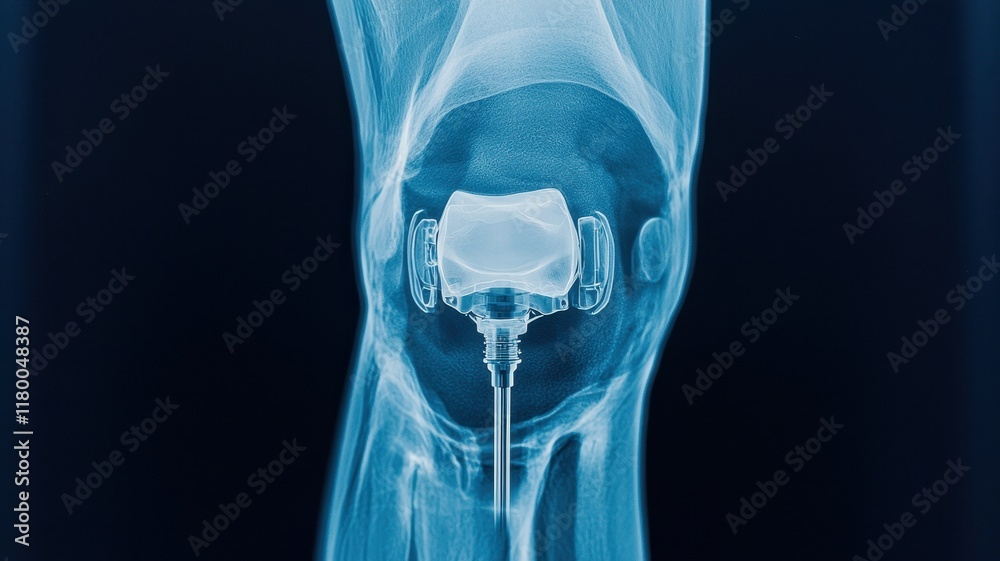 An x-ray image of a knee joint with a visible prosthetic component ...