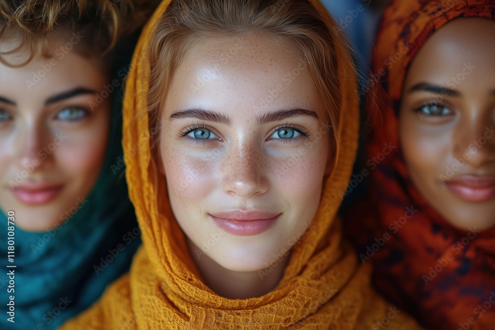 Three women with different backgrounds are smiling closely together ...