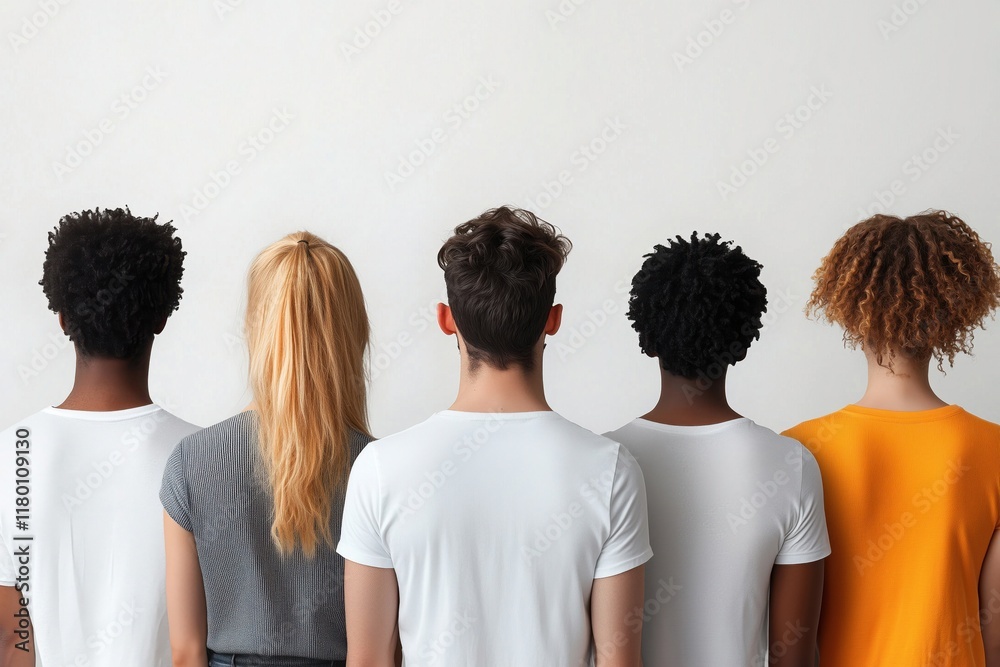 Diverse group of friends standing together with their backs facing the ...