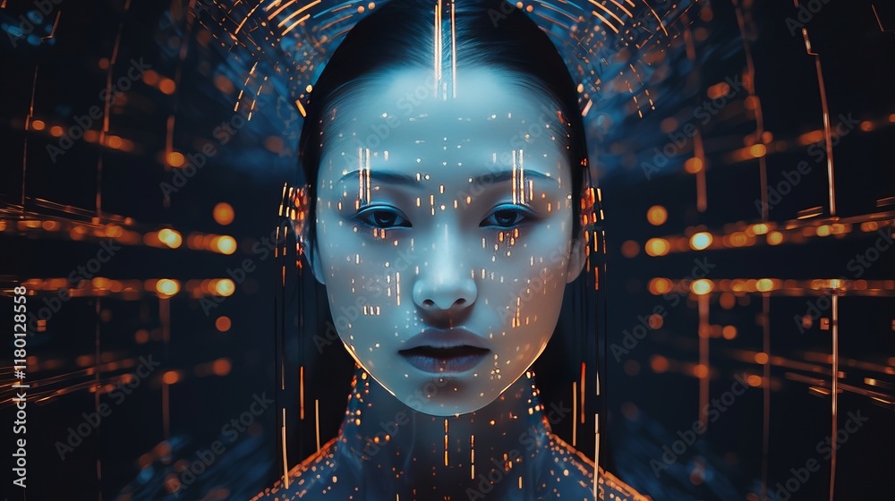 Asian female face with matrix digital numbers, dots, links. Digital ...