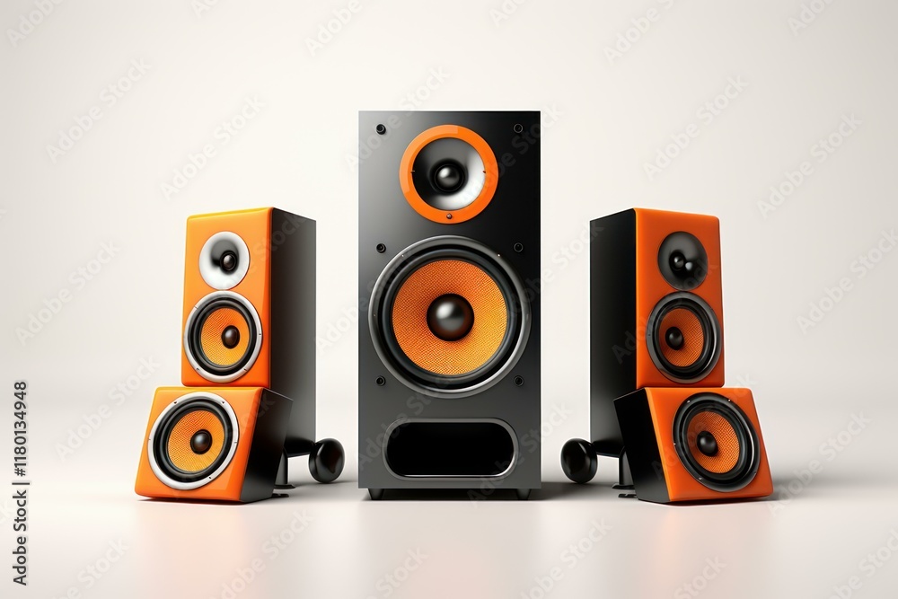 Modern black and orange speakers and subwoofer playing loud music on ...
