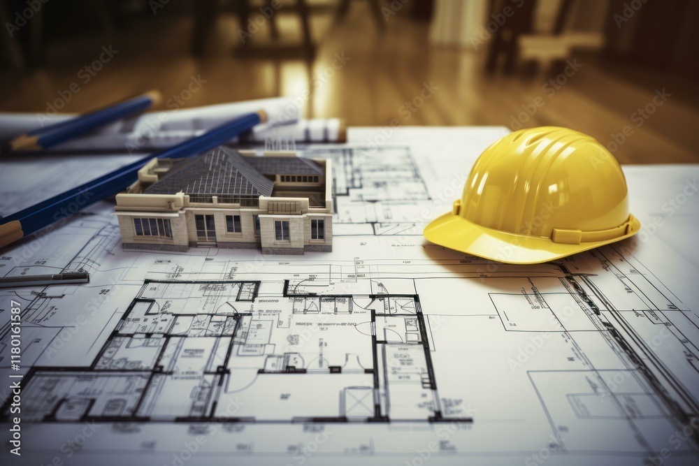 Architectural project with house model, blueprint and hardhat lying on ...
