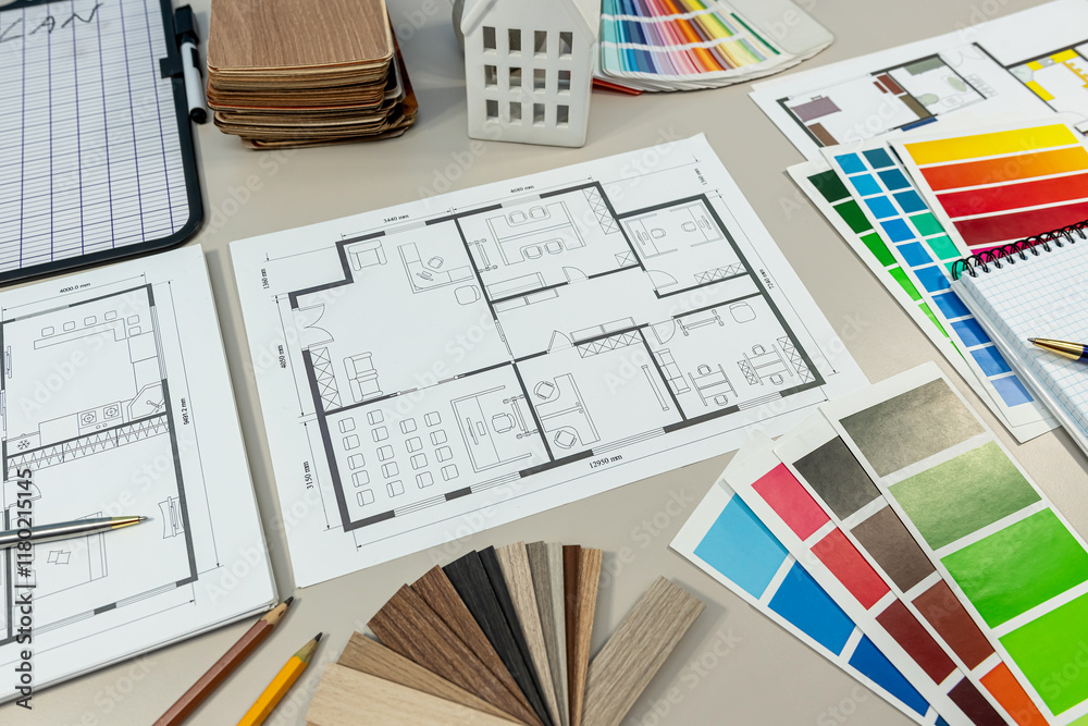 Foto de Stock architectural drawings house blueprints with palette of ...