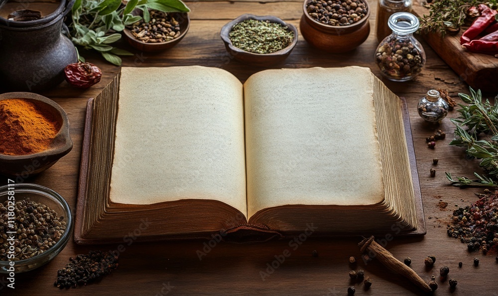 An open book with various herbs and spices on it. The image has an old ...