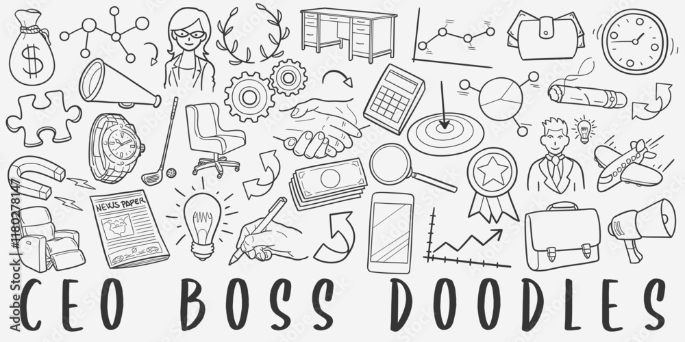 Boss Doodle Icons. Hand Made Line Art. Ceo Clipart Logotype Symbol ...