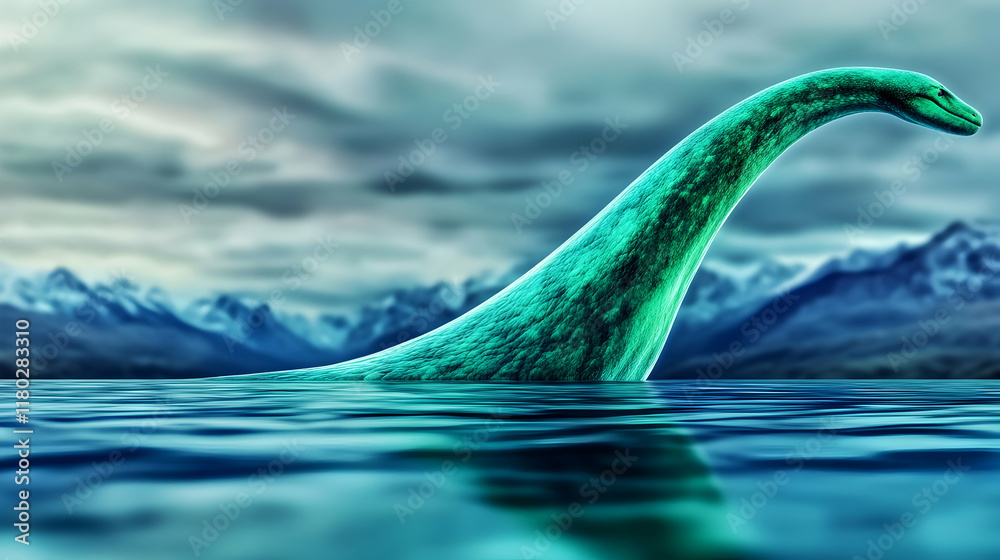 Loch Ness Monster mythical creature emerging from water, dramatic mountain backdrop, mystery ...