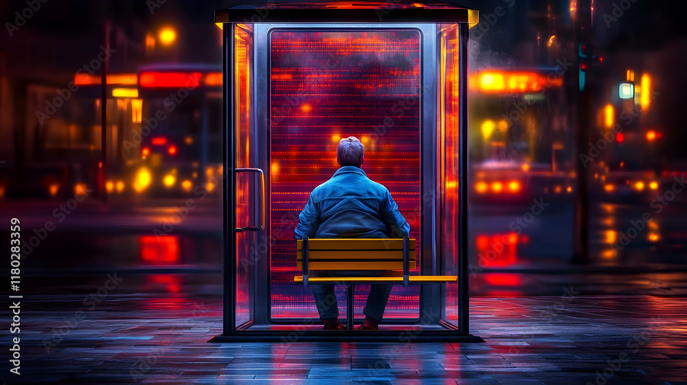 Lonely man waits in illuminated city bus stop at night, blurred traffic ...