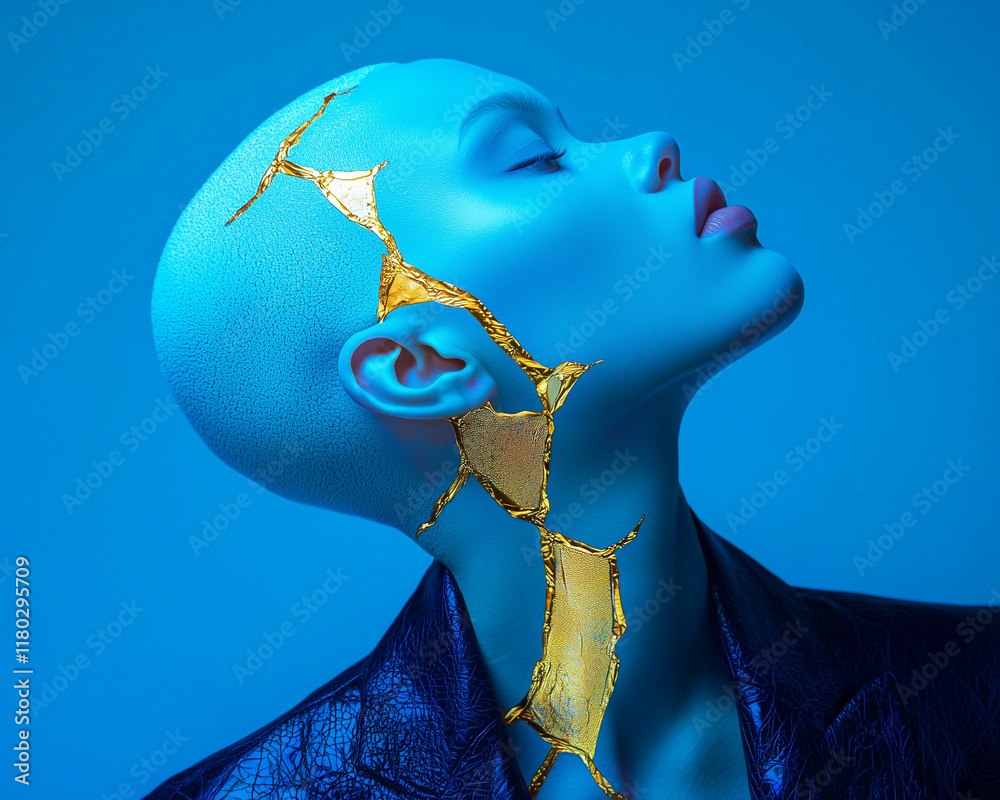 Minimalistic portrait of an albino person with gold kintsugi-inspired ...