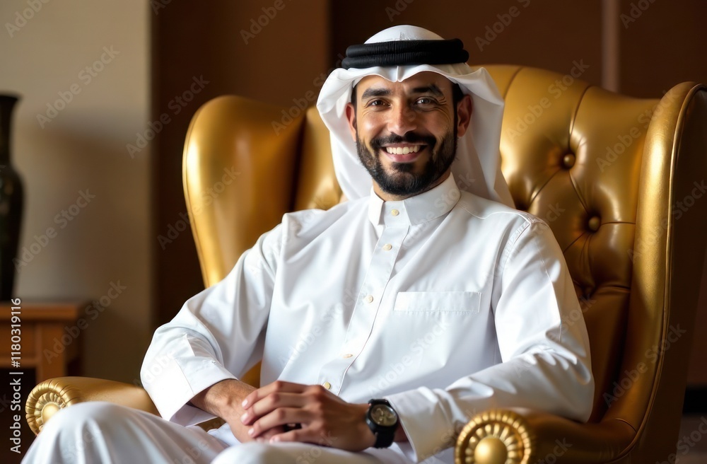 smiling middle eastern man in traditional arabic attire sitting on ...