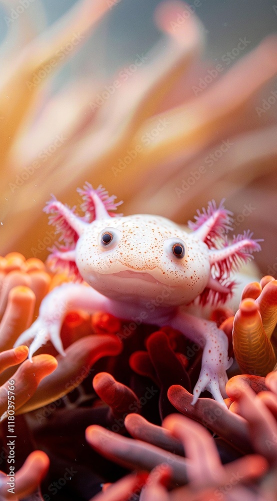 Adorable albino axolotl nestled amongst vibrant orange sea anemones. A ...