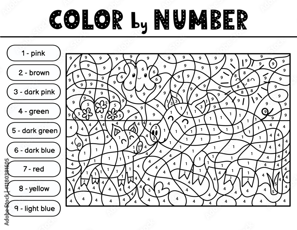 Color by number black and white activity page for kids with a cute ...