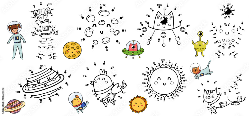 Cute space dot to dot games bundle. Connect the dots and draw funny ...