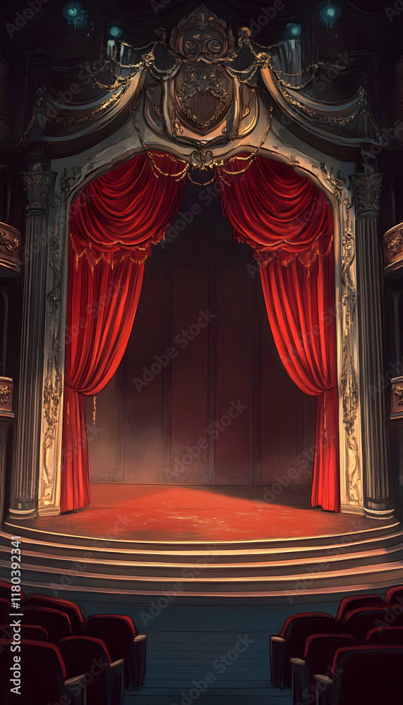 Elegant theater stage with red velvet curtains drawn open for a ...