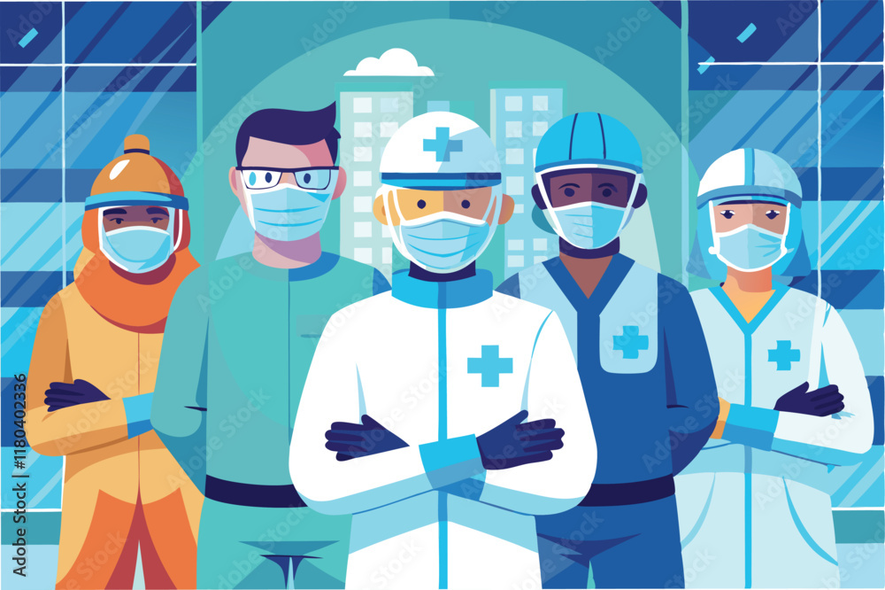 Healthcare workers in full PPE suits, 3D photo realistic style ...
