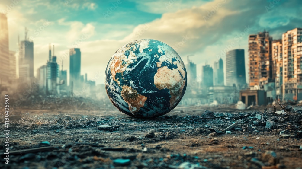 Earth globe on the polluted ground with modern city at the background ...