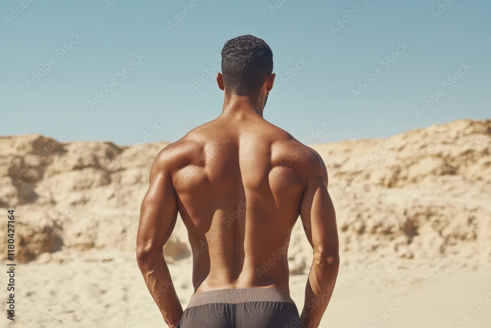 Shirtless man with a muscular back poses with hands clasped behind him ...