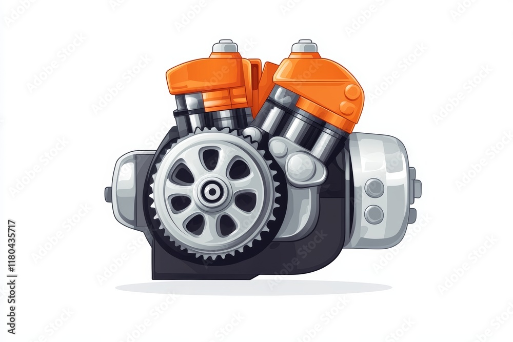 Cartoon v-twin motorcycle engine with orange valves and gear details ...