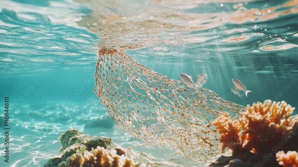 Sunlight dances on an underwater net draping coral, casting sparkles ...