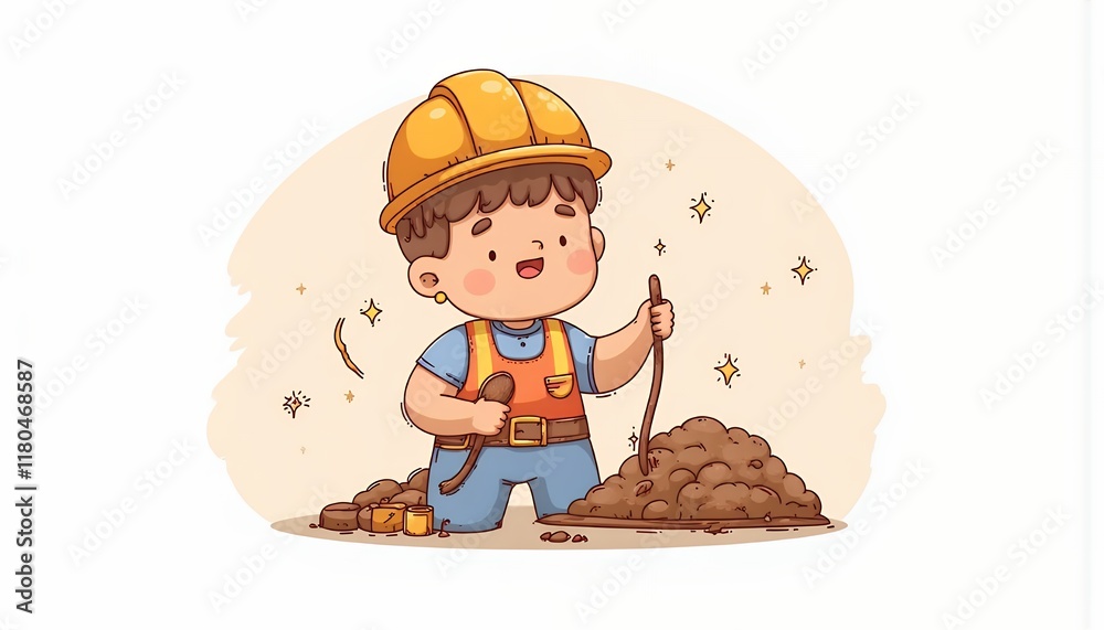 2D Flat Chibi Cartoon Character of a Construction Worker Joyfully ...