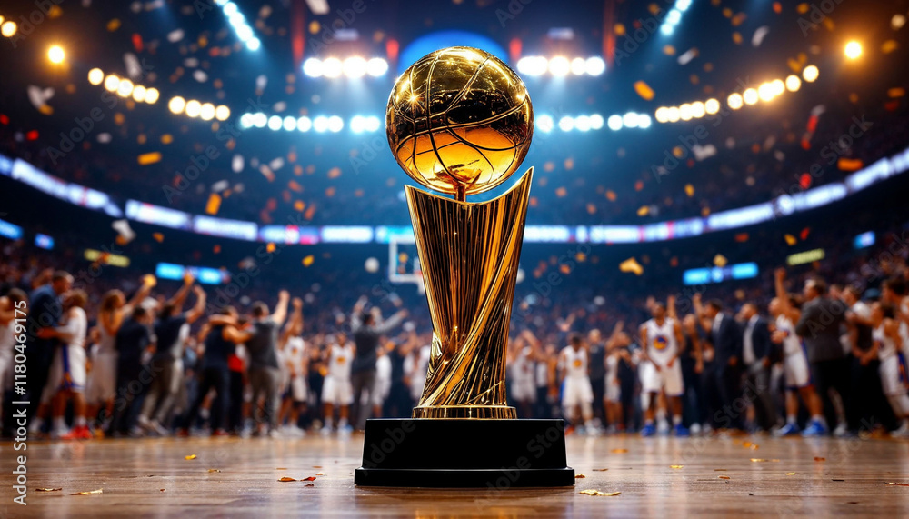 NBA championship trophy gleams on a court amid jubilant players ...
