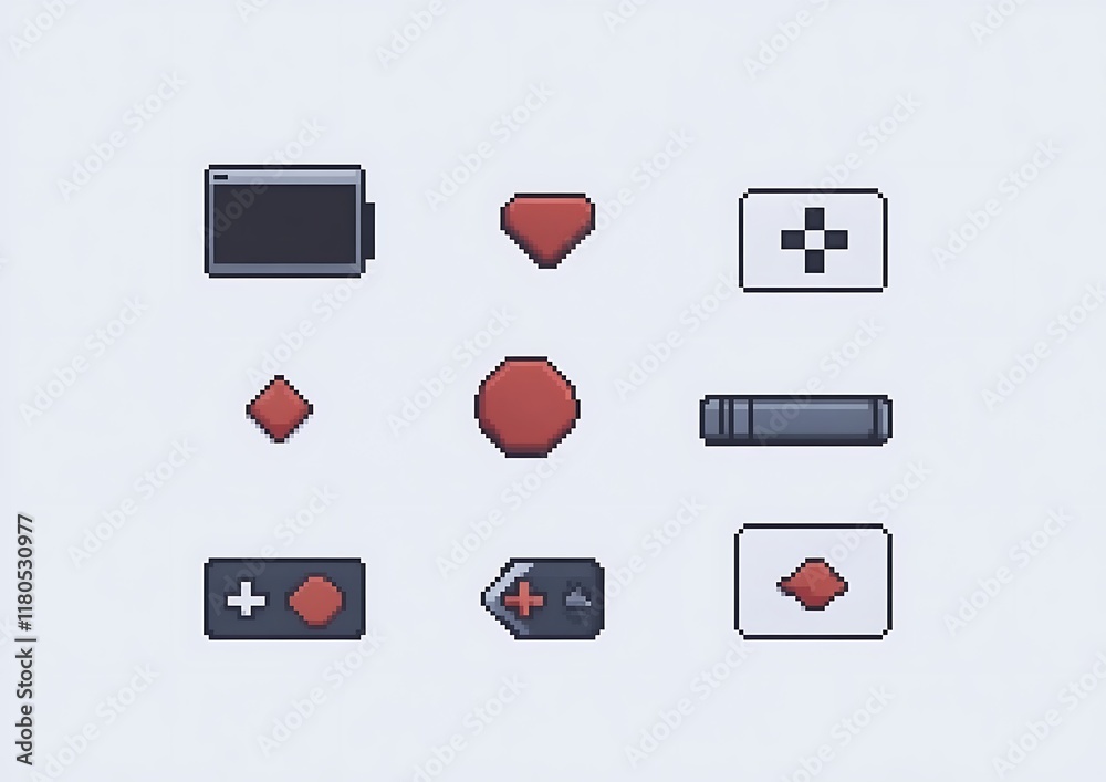Pixel art game UI icons screen, buttons, gems, plus, diamonds, octagon ...