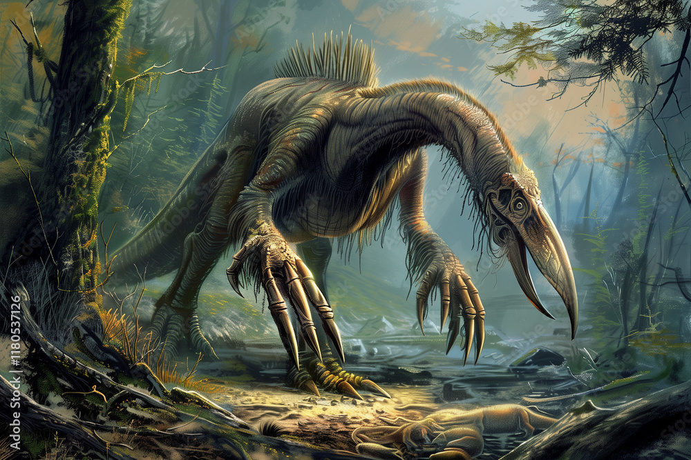 Therizinosaurus feathered dinosaur with sharp claws in a Jurassic ...