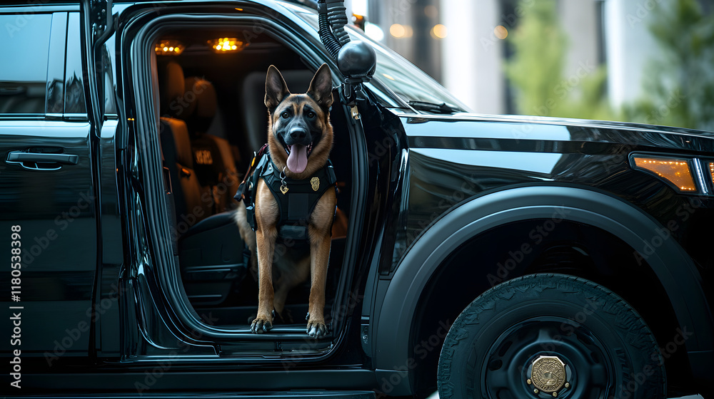 unit police SUV with an open door, revealing a trained dog inside ...