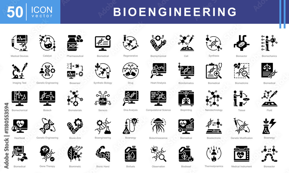 Bioengineering icon set of biomedical, bioluminescence, model, mineral ...