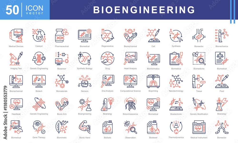 Bioengineering icon set of biomedical, bioluminescence, model, mineral ...