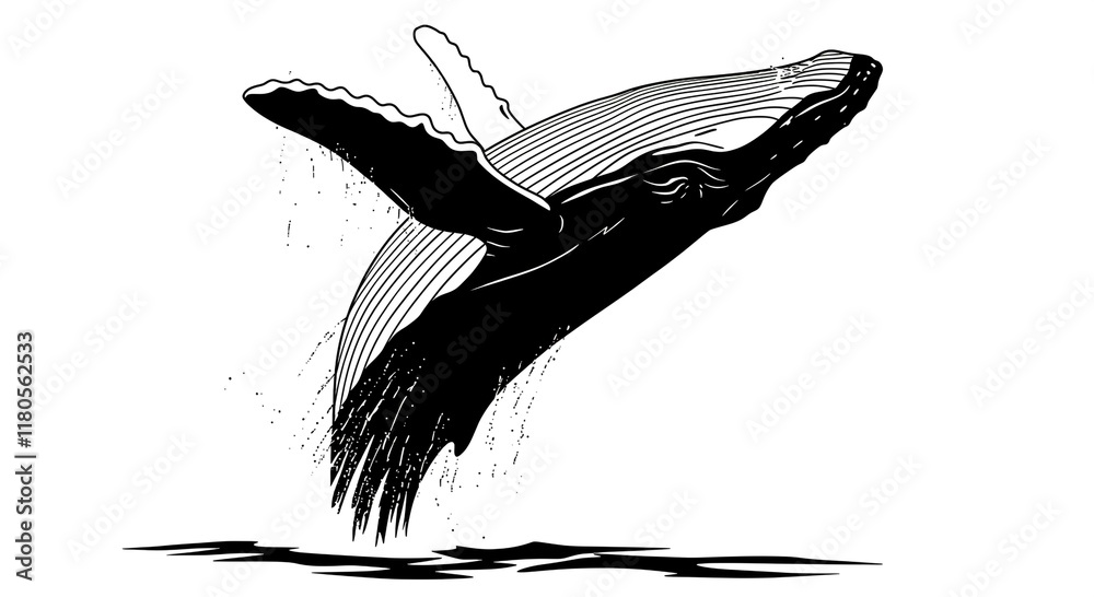 Humpback Whale Breaching Ocean Black and White Illustration Stock ...