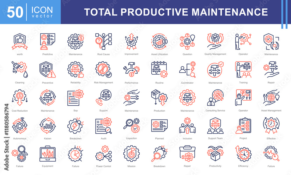 Total productive maintenance icon collection set. Containing equipment ...