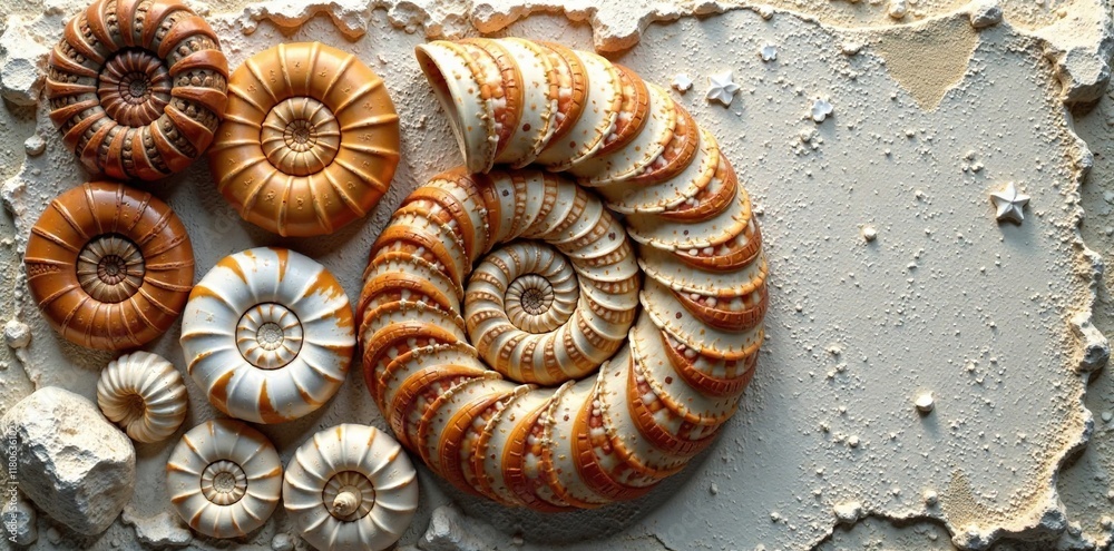Fossil ammonites in spiral arrangement on textured plaster background ...