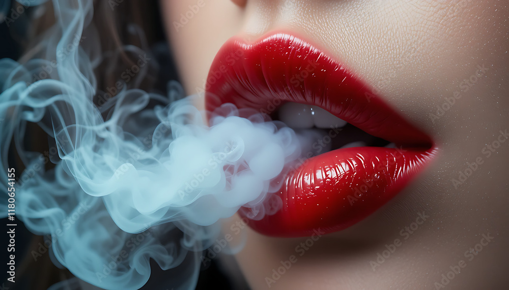 Woman's lips blowing smoke clouds - Generative AI image made to look like photorealistic macro ...