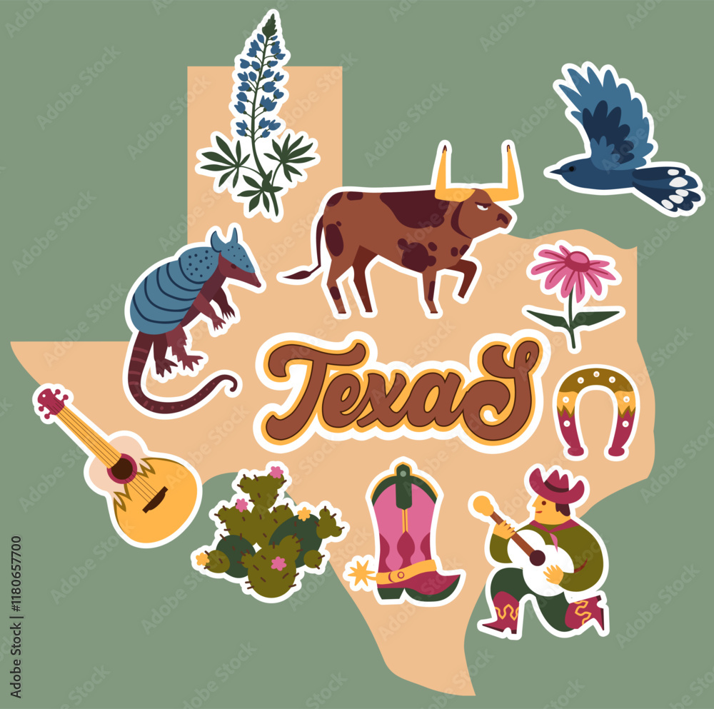 Texas map with symbols, animals and plants. Vector illustration Stock ...