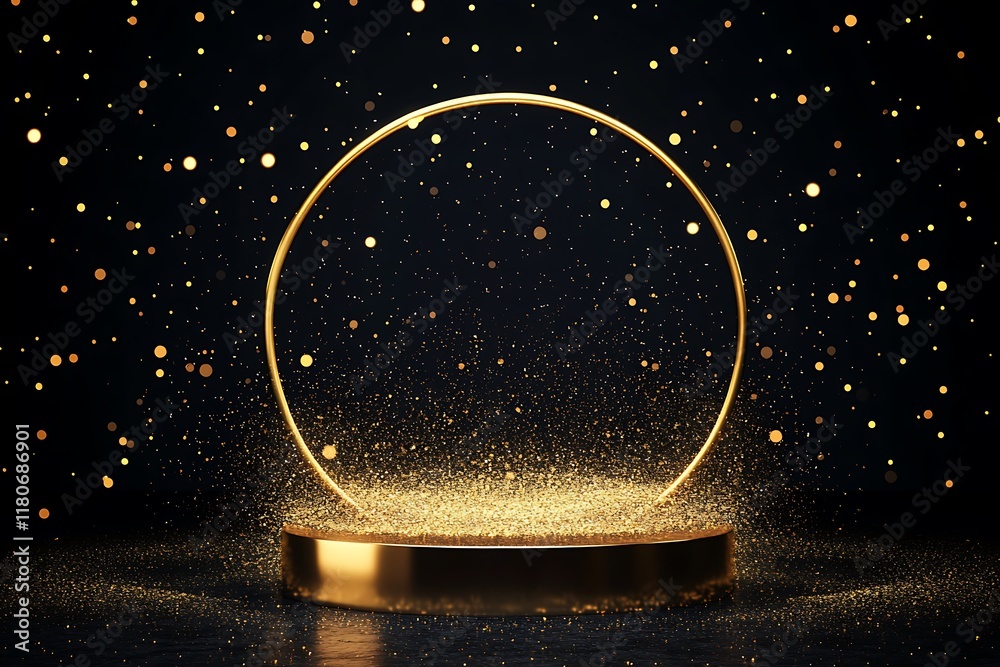 Gold podium with circular frame on a black background for an award ...