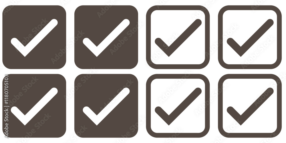 Simple checkmark in a box set with different line width. Correct, approved symbol. Vector icons ...
