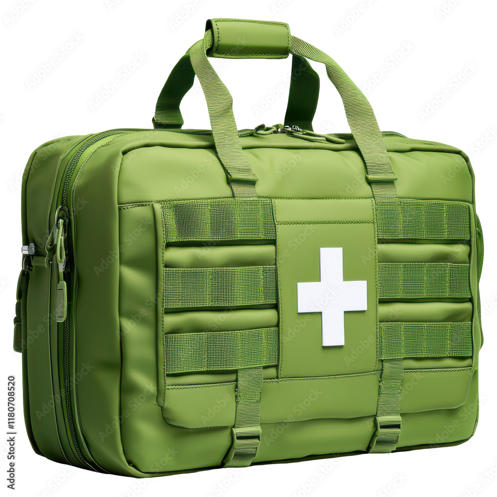 Green medical emergency bag with a first aid cross on a transparent ...