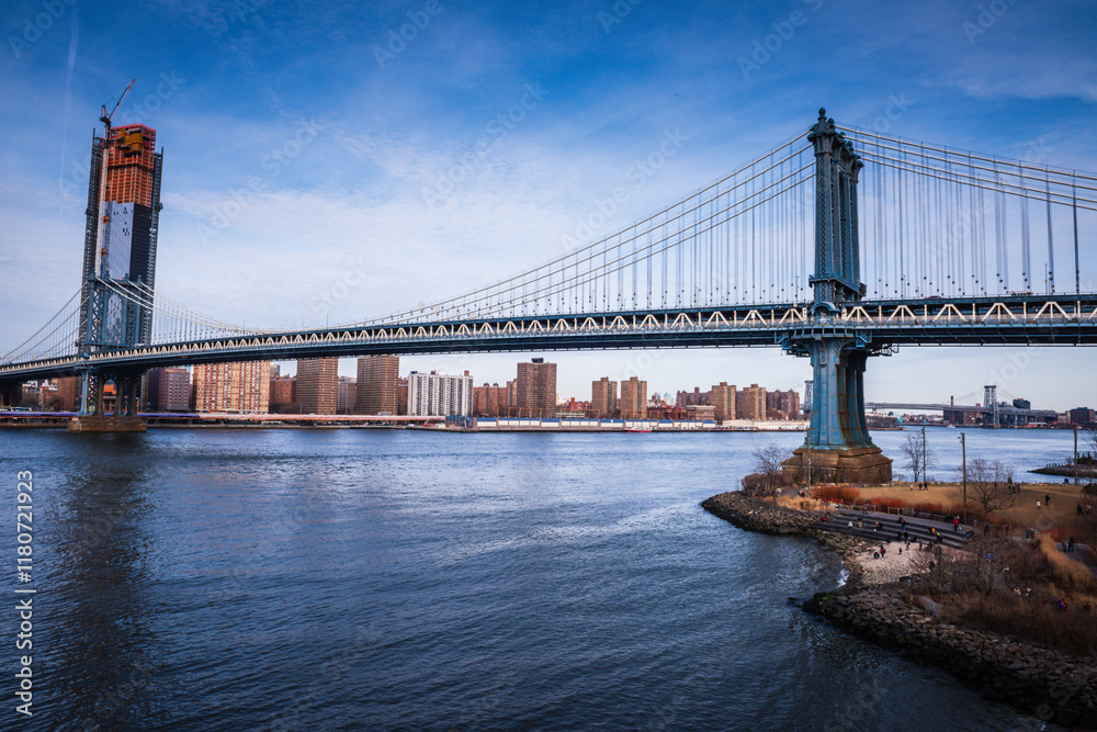 Cityscape with the Manhattan Bridge, as seen from DUMBO, Brooklyn NY ...
