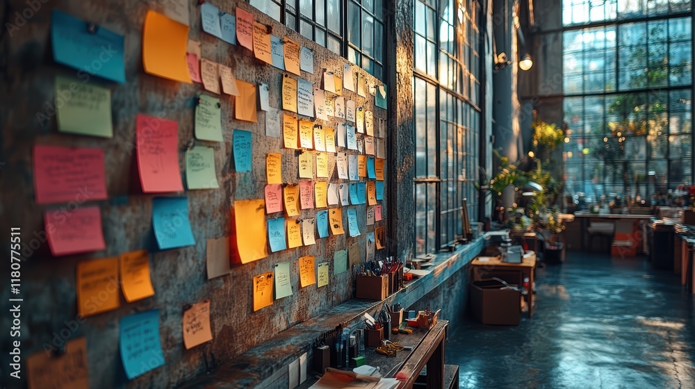 Wall covered with colorful sticky notes and diagrams. It is a ...