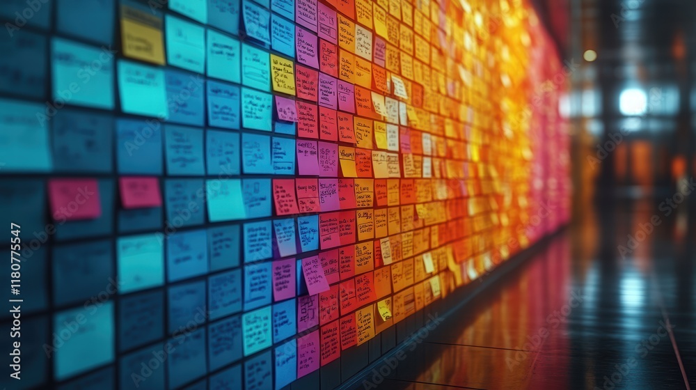 Wall covered with colorful sticky notes and diagrams. It is a ...