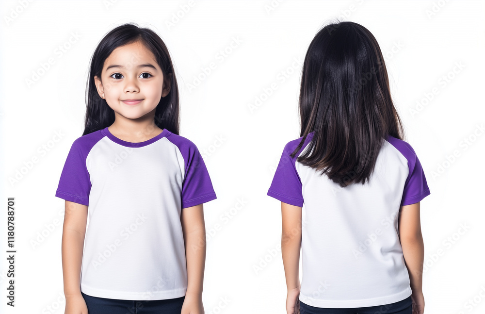 girl wearing a white and purple short-sleeve raglan t-shirt mockup ...
