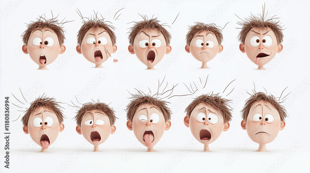 Cartoon Boy's Expressions: A set of twelve 3D-rendered cartoon boy ...