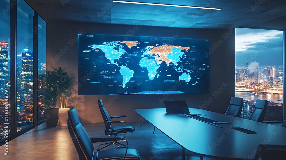 modern conference room with large wall mounted screen displays world ...