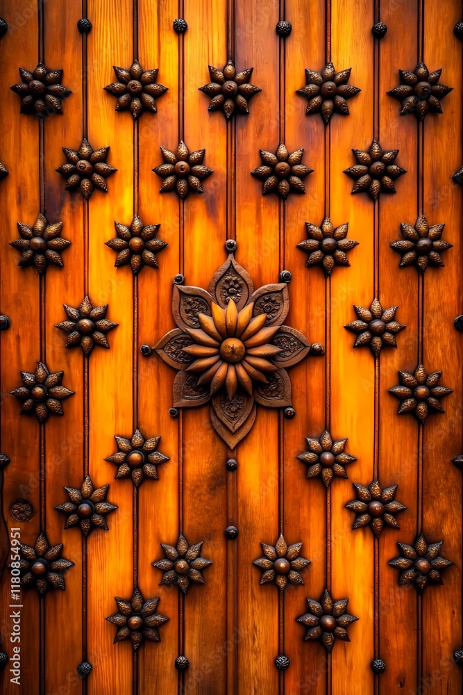 Ornate wooden door with flower-shaped metal studs / Puerta de madera ...