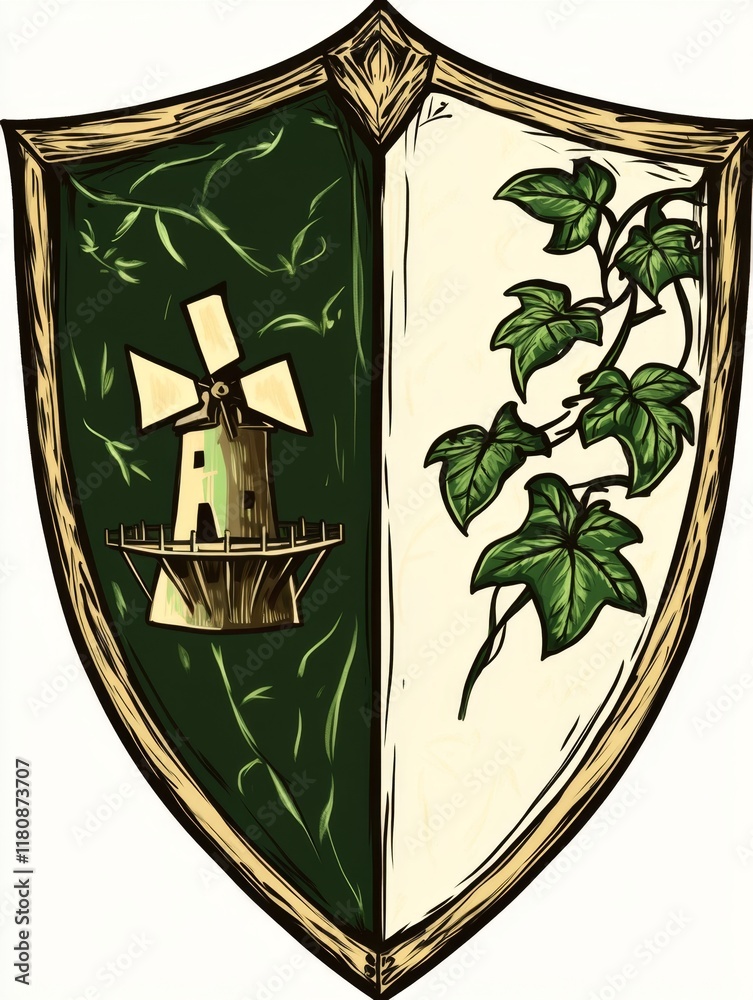 Heraldic Shield With Mill and Ivy Design Divided In Green And White ...